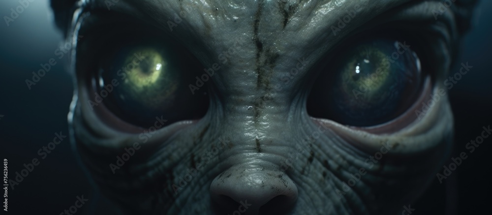 A closeup of a terrestrial animals face with glowing electric blue eyes ...