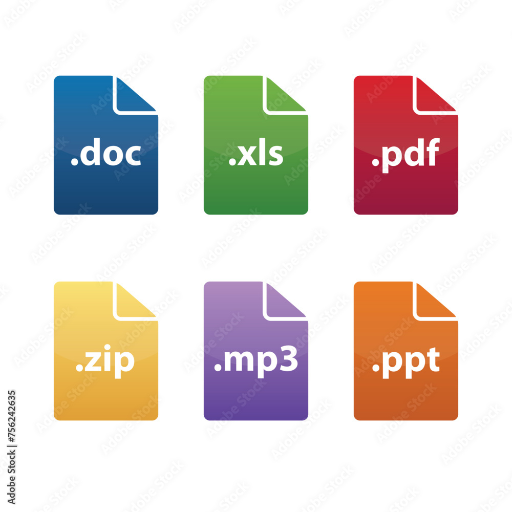Stock-Vektorgrafik „Set of format and extension of documents file types DOC, XLS, PDF, ZIP, MP3 ...