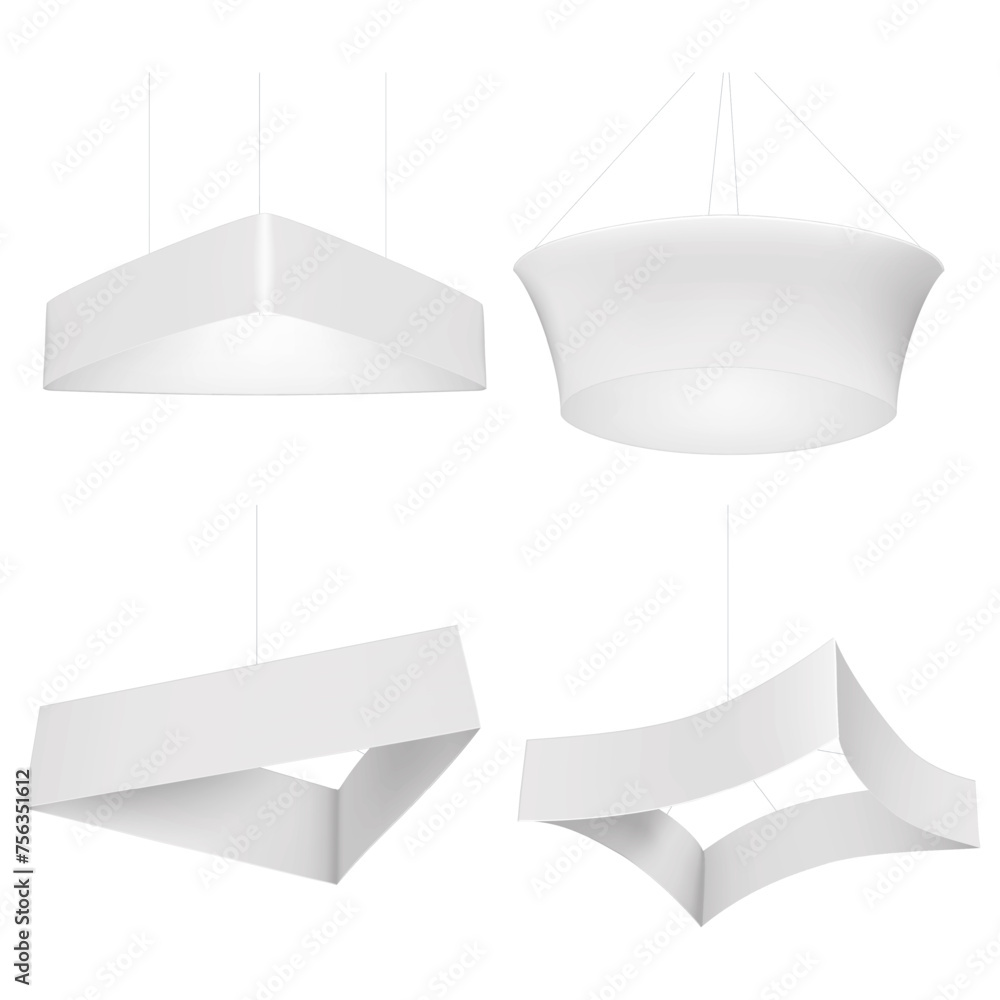 Hanging trade show display. Vector mockup set. Curved square, triangle ...