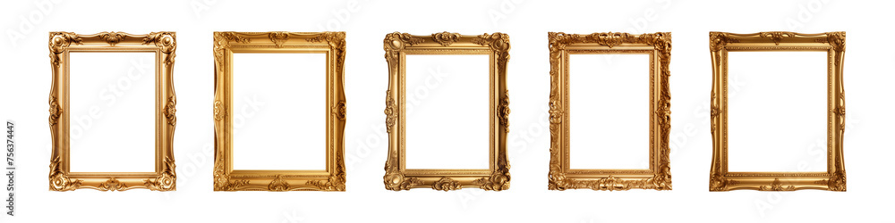 Collection of antique gold picture rectangular frames isolated on a ...