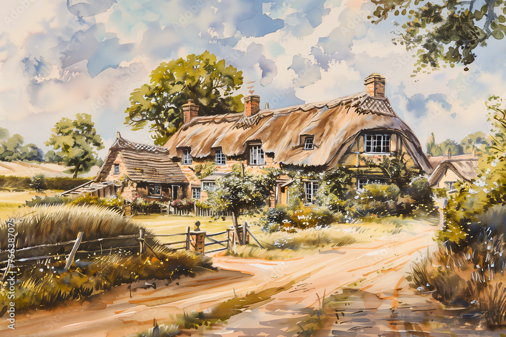 Watercolour oil painting of an old fashioned quintessential English ...