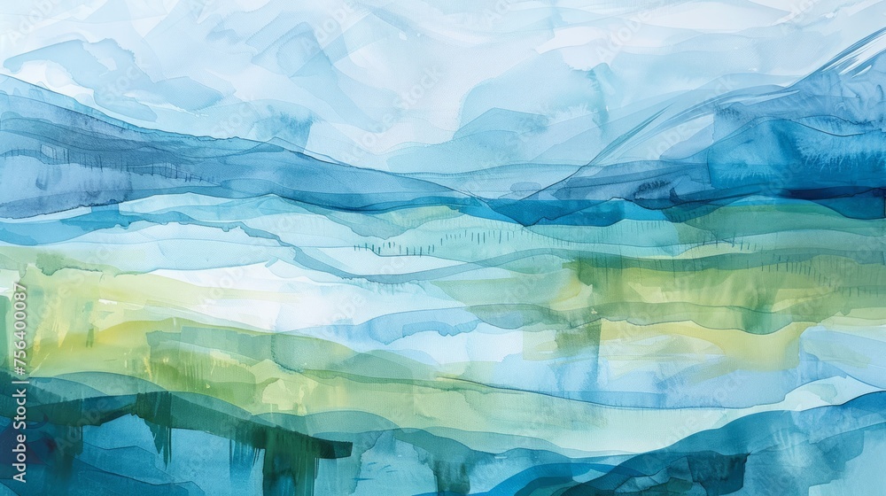 An abstract watercolor painting depicting a landscape through layered ...