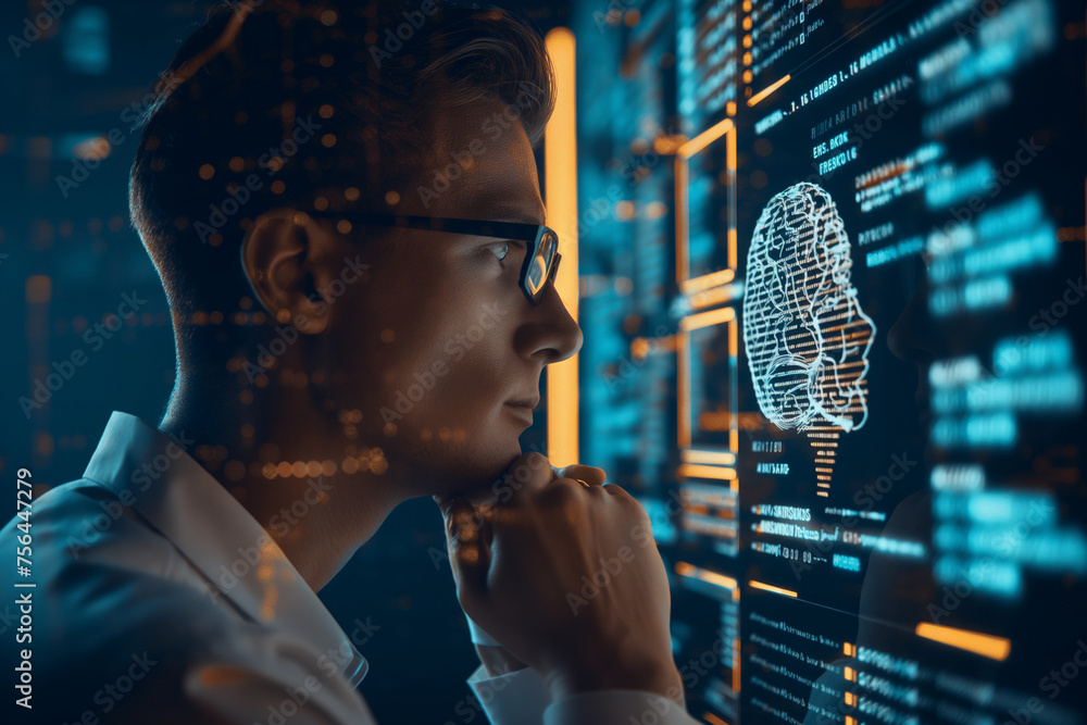 AI Artificial Intelligence. Business man using AI technology for data analysis coding computer ...