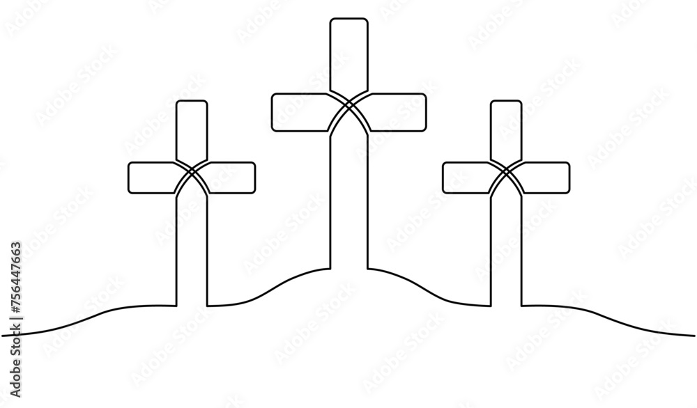 Three crosses at Golgotha mountain outline drawing isolated on ...