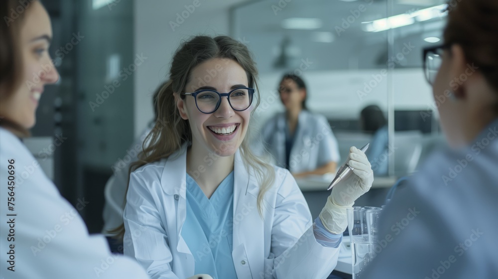 Female doctors wearing blue surgical overalls, smiling as they work and ...