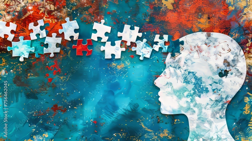 Adhd concept with puzzle pieces in head, mental health awareness symbol ...