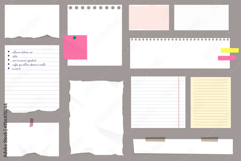 Paper notes, stickers, sticky sheets and tape. Colored ripped lined ...