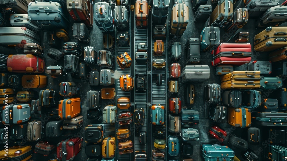 An aerial perspective of an organized array of various luggage pieces ...