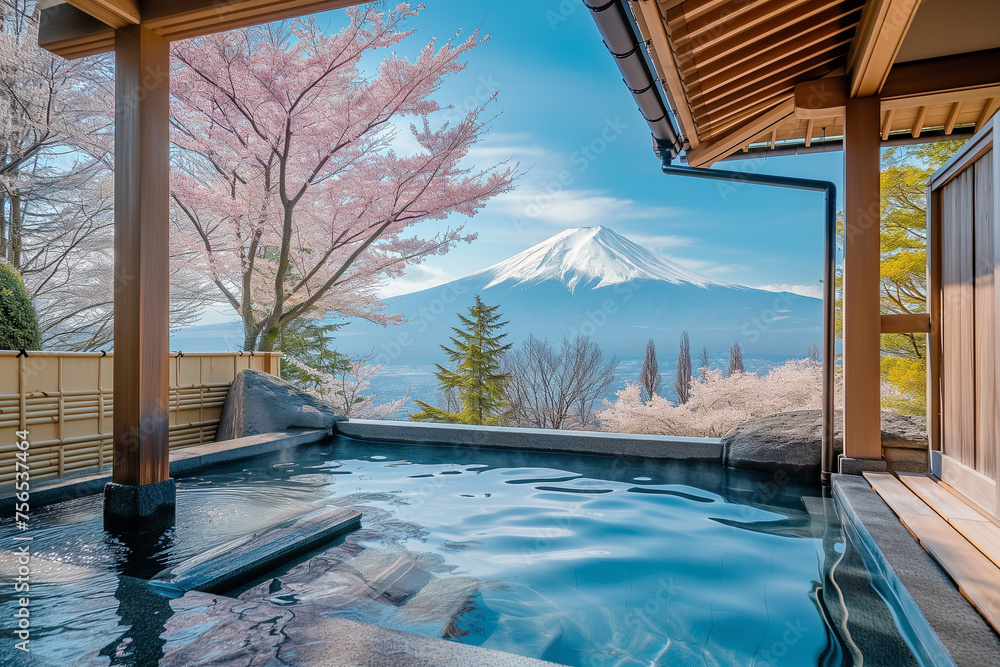 Japanese outdoor hot springs (Onsen) overlooking Mount Fuji and Sakura ...