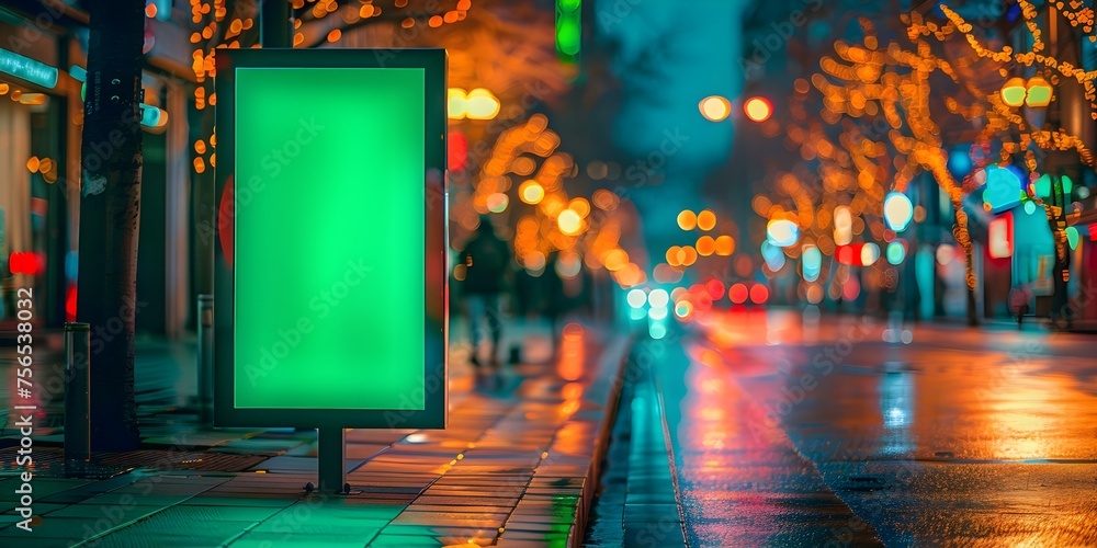 Green screen on urban street advertising banner with blurred city ...