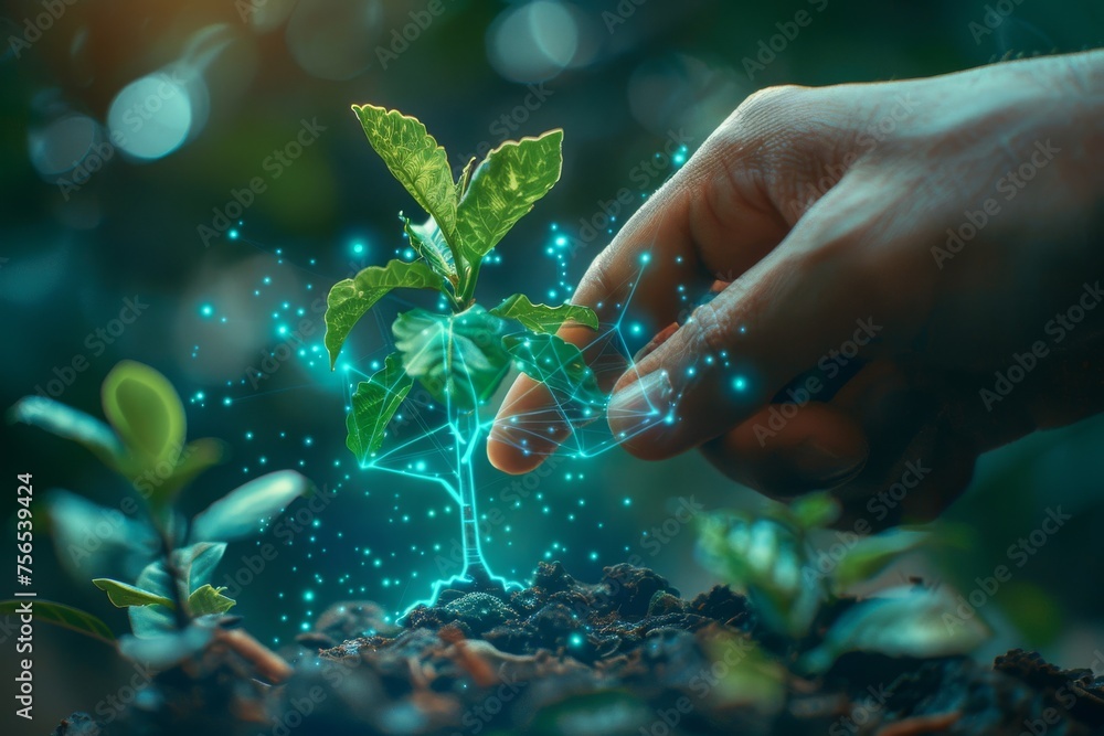 Hands touch young plant with virtual screen of Artificial intelligence ...