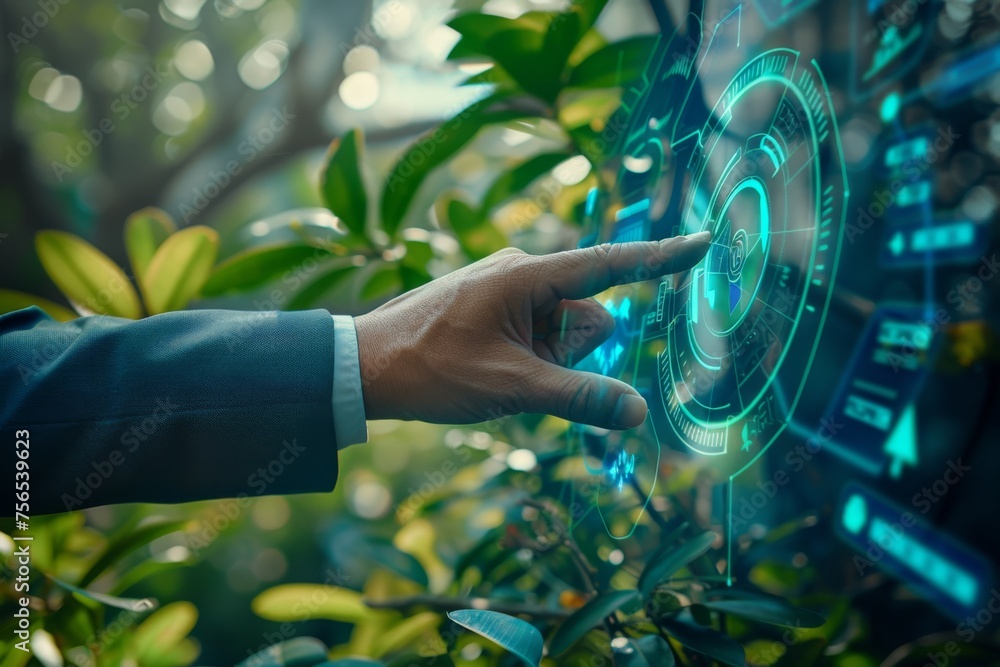 Hands touch young plant with virtual screen of Artificial intelligence ...