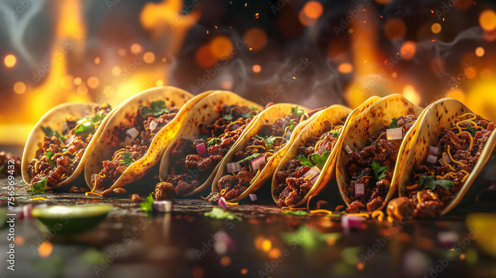 Tacos with flames and sparks out of focus, 3/4 front view in a ...