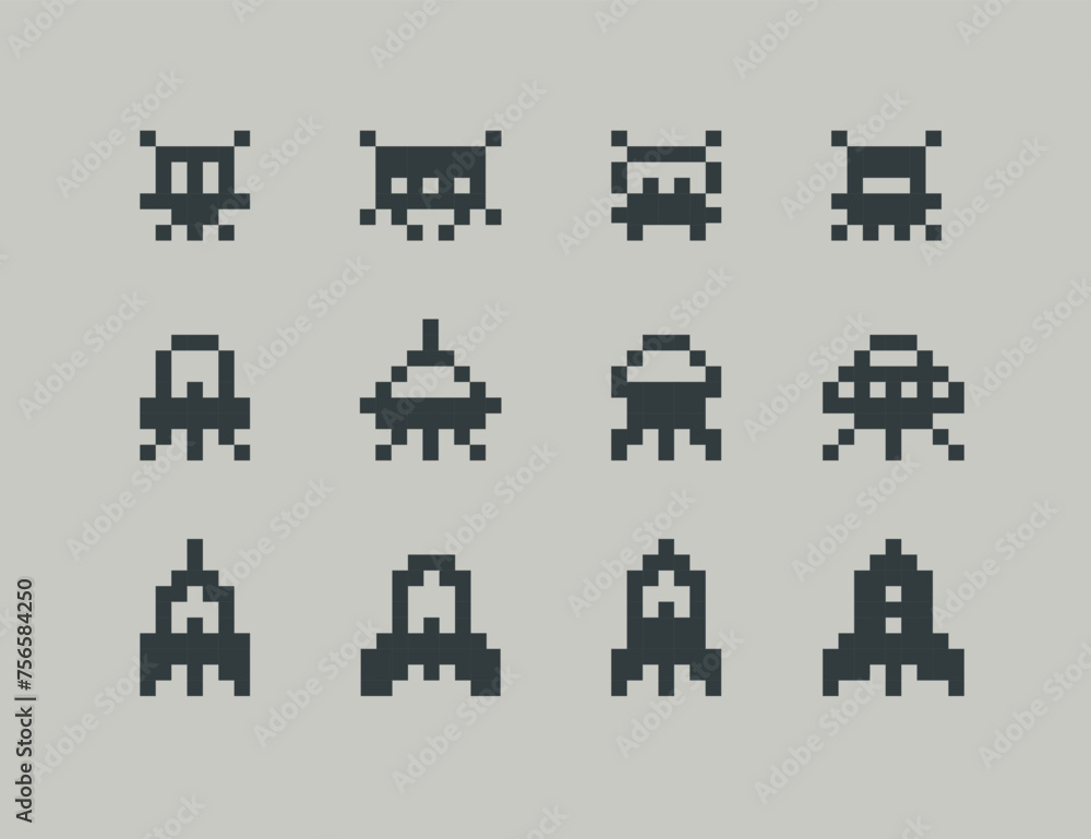 8 bit arcade game elements with icons (Pixel Art Vector). Ufo aliens ...