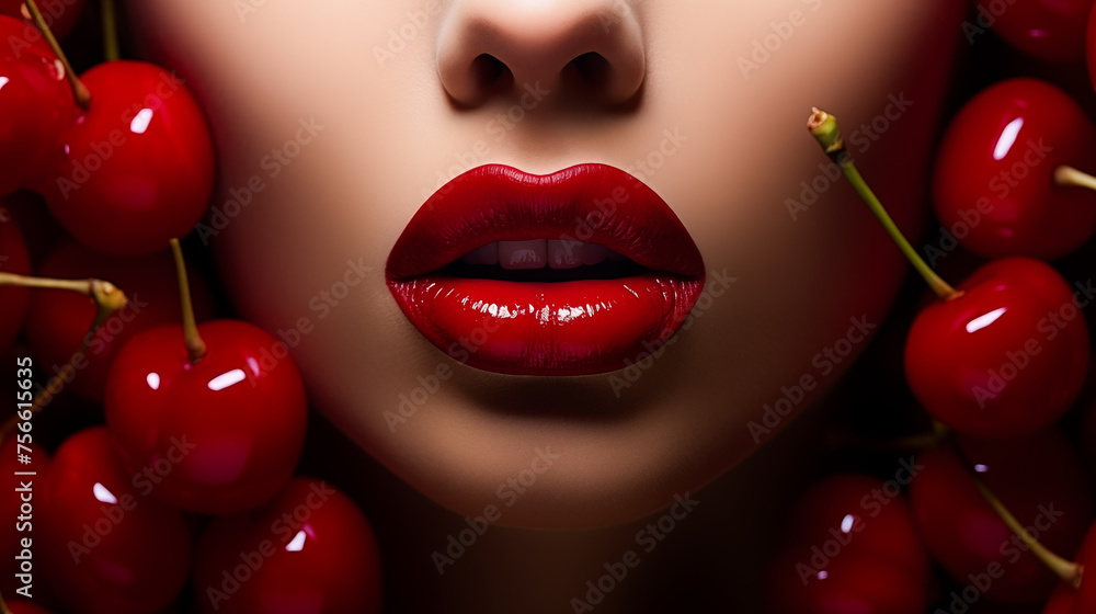 Beautiful woman with red lips and cherry, Red lips close-up with bright ...