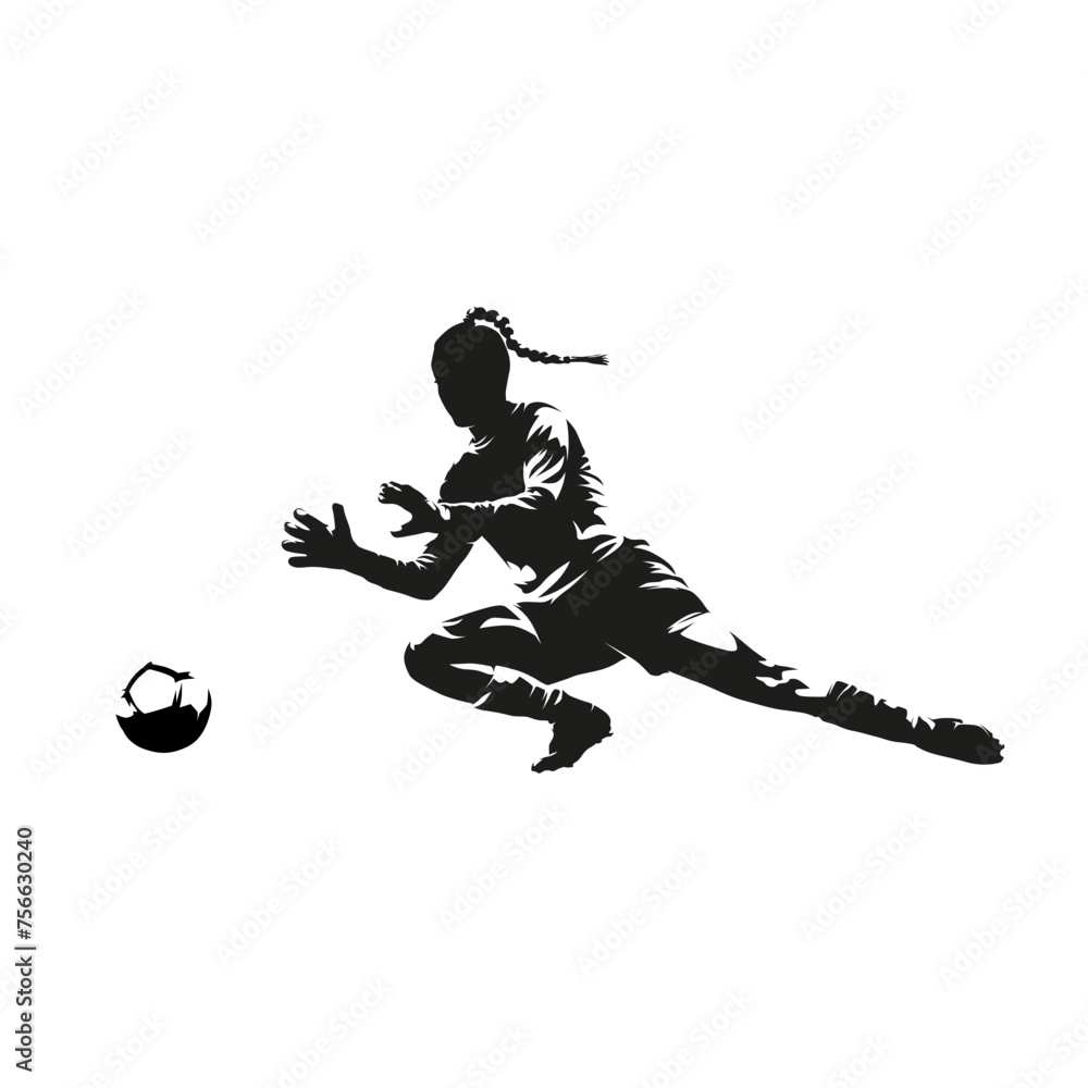 Female soccer goalkeeper catches the ball, woman playing football ...