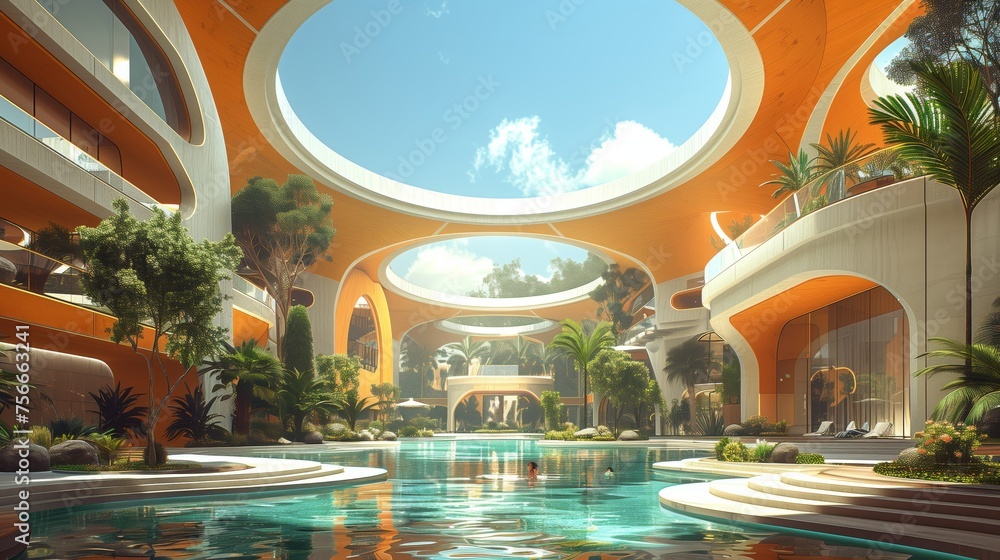 Futuristic resort oasis with lush greenery. Digital rendering of a ...