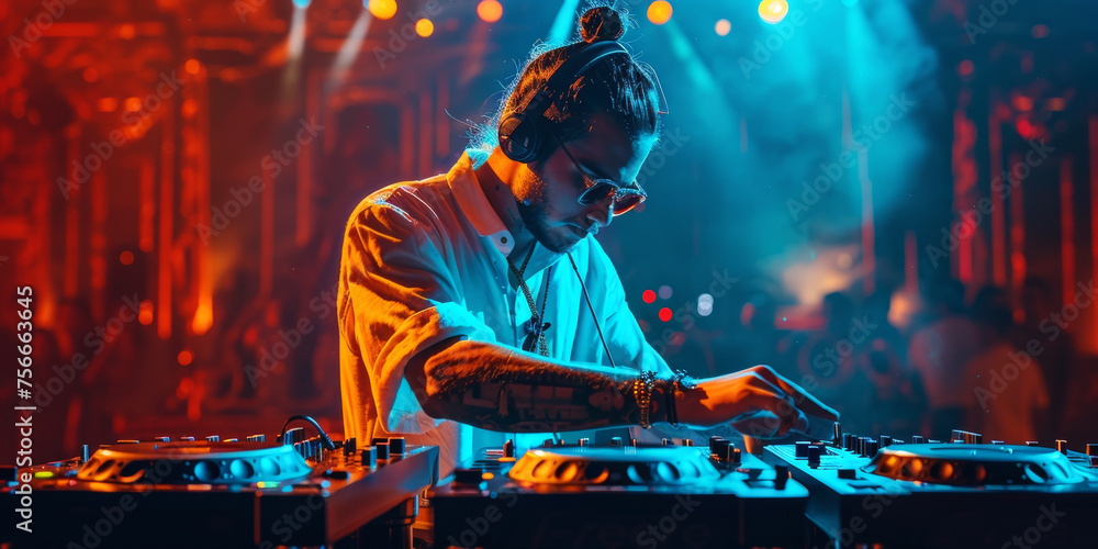 Dynamic DJ mastering the decks at a vibrant nightclub, immersed in the ...