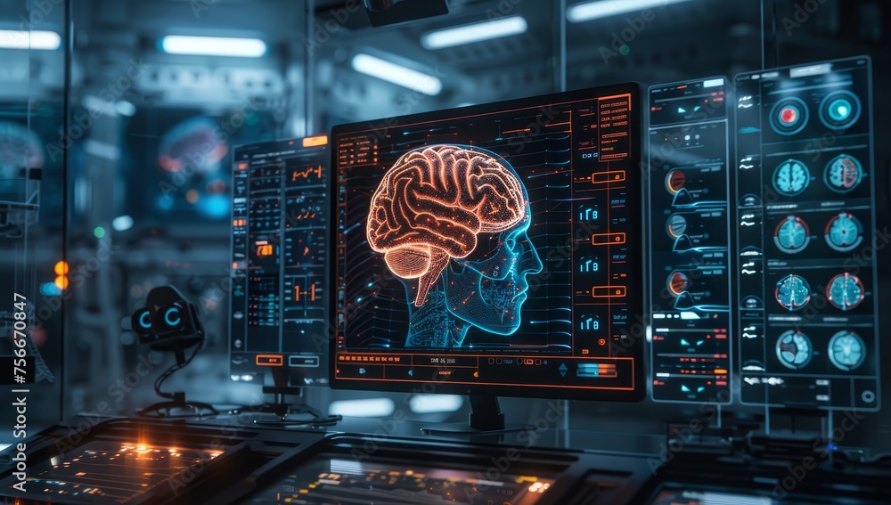 Stock-Illustration „An advanced display showing a high-tech AI ...