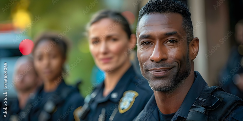 Diverse police officers preparing for work together in teamwork ...