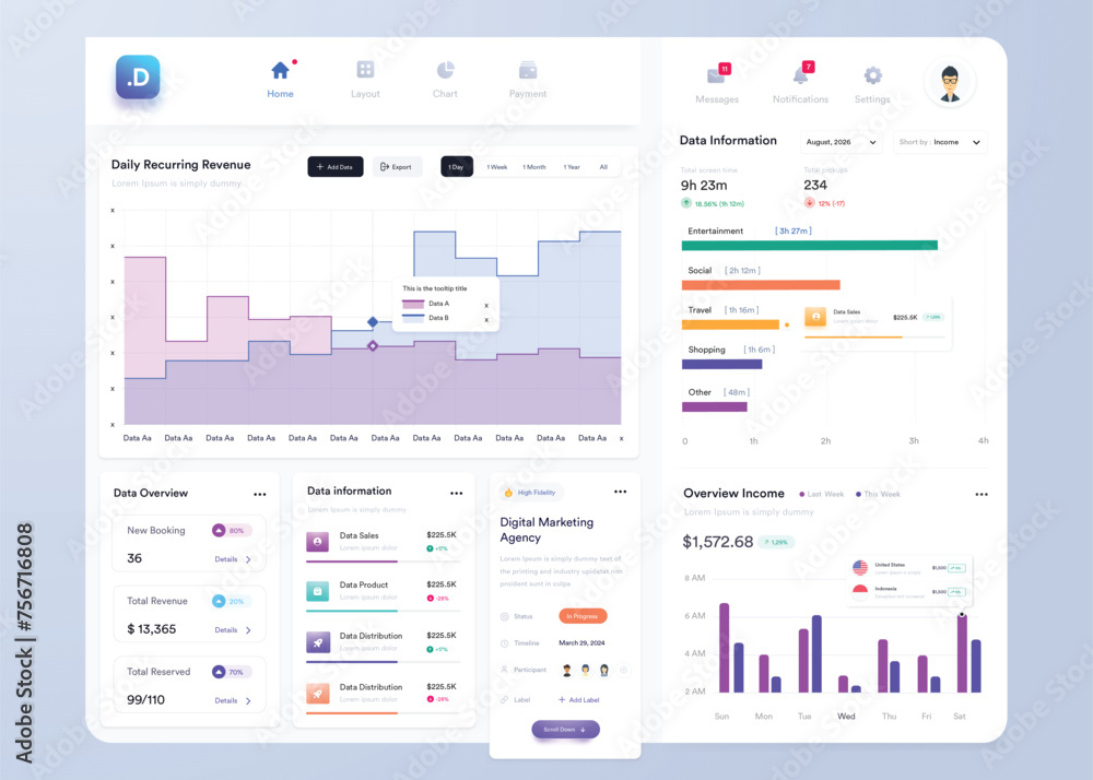 UI UX Infographic dashboard. UI design with graphs, charts and diagrams ...