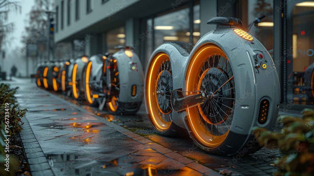 Futuristic city bike-sharing program, with electric bikes and smart ...