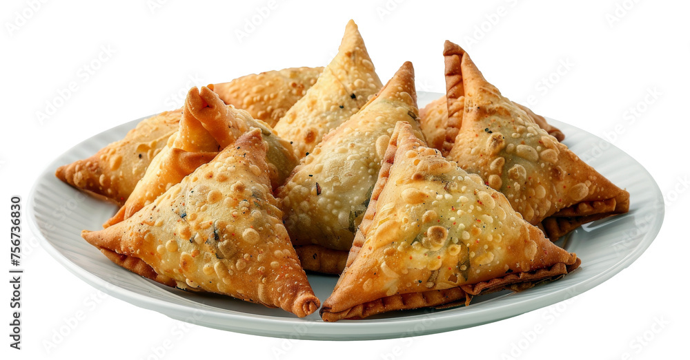 Golden fried samosas served on a white plate, cut out - stock png ...