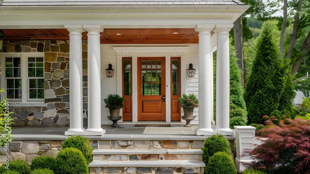 Main entrance door in house. Wooden front door with gabled porch and ...
