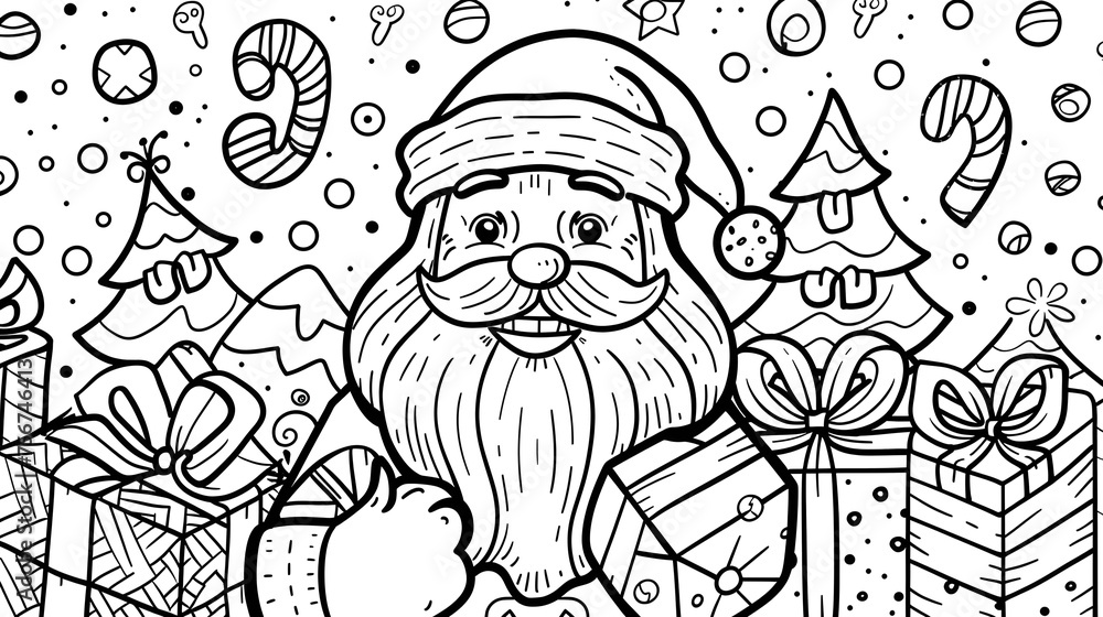 Santa Claus with gifts and candy cane outline line art doodle cartoon ...