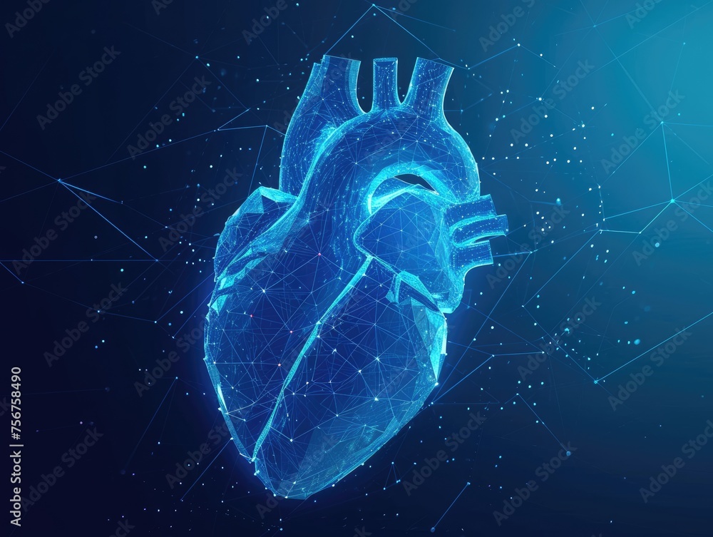 The heart is intricately modeled in shades of blue, symbolizing its ...