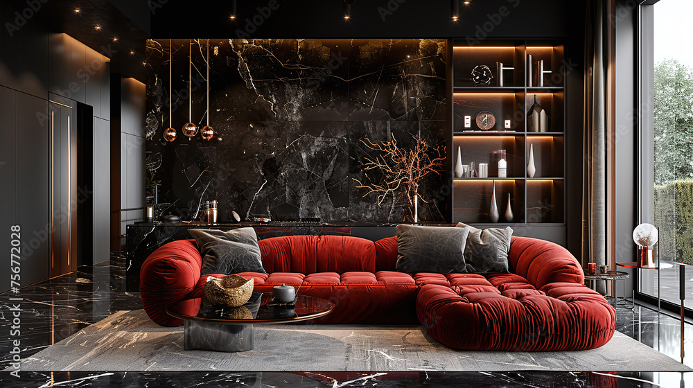 sober modern luxury living room with kitchenette, red and black primary ...