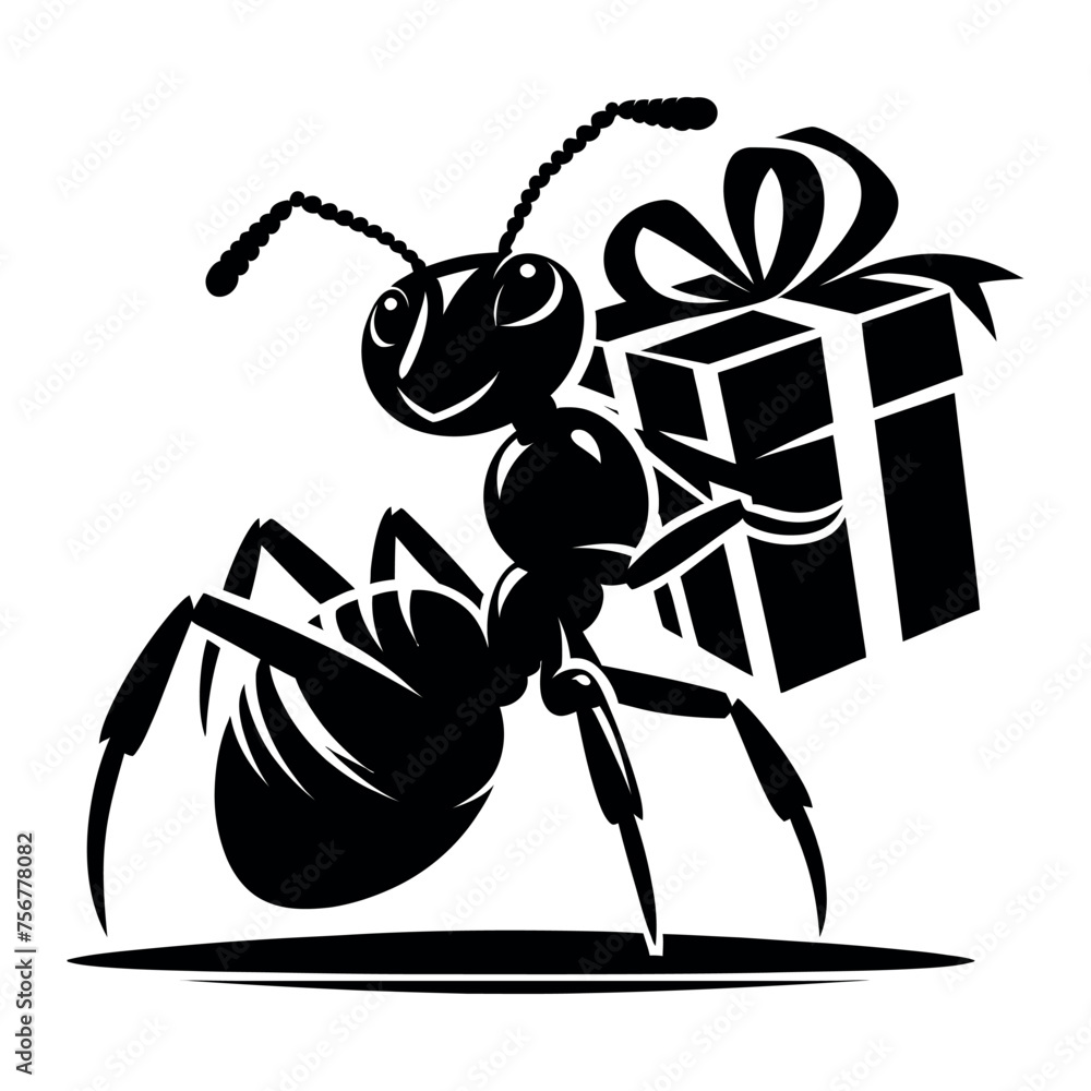 Ant holding a gift, black silhouette on a transparent background ...
