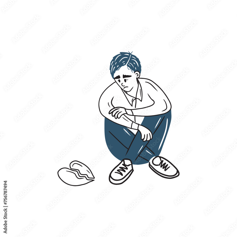 Sad crying boy is sitting and looking at his broken heart from the last ...