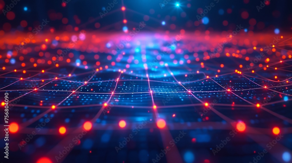 Stylized digital painting of an abstract network grid expanding into ...