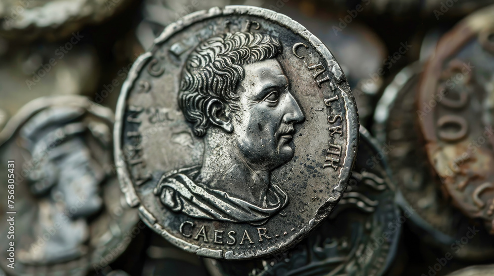 Ancient Roman coin with portrait of Julius Caesar, rare vintage ...