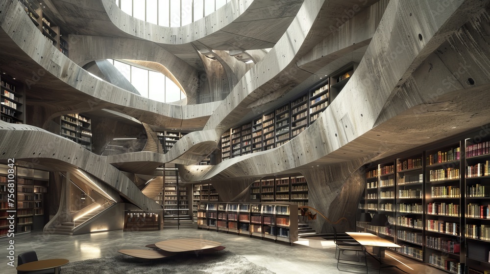 Sculptural Neo-Brutalist library with dynamic forms and open reading ...
