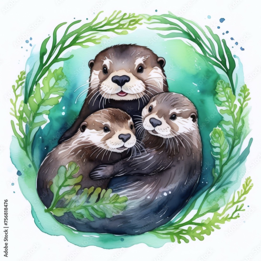sea otter mom and two baby otters in seaweeds wreath on white ...