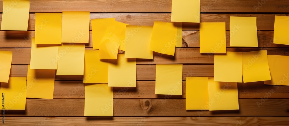 Rectangular wooden wall covered in yellow sticky notes with handwriting ...
