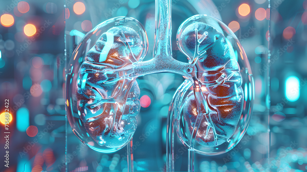 Light 3d futuristic glass model of human kidneys, nephrology healthcare ...