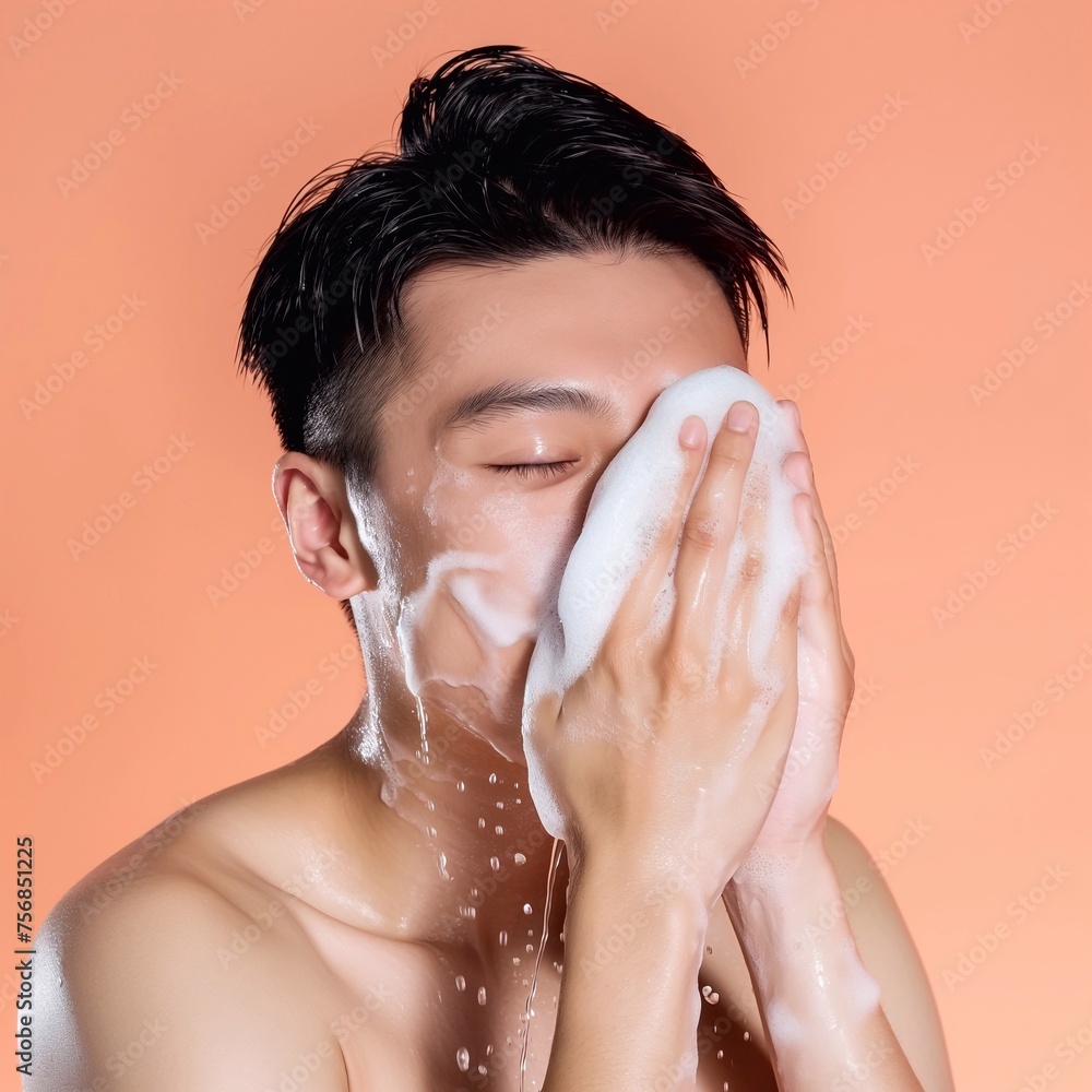 Asian men model washing his face with clean water. On a flat color ...