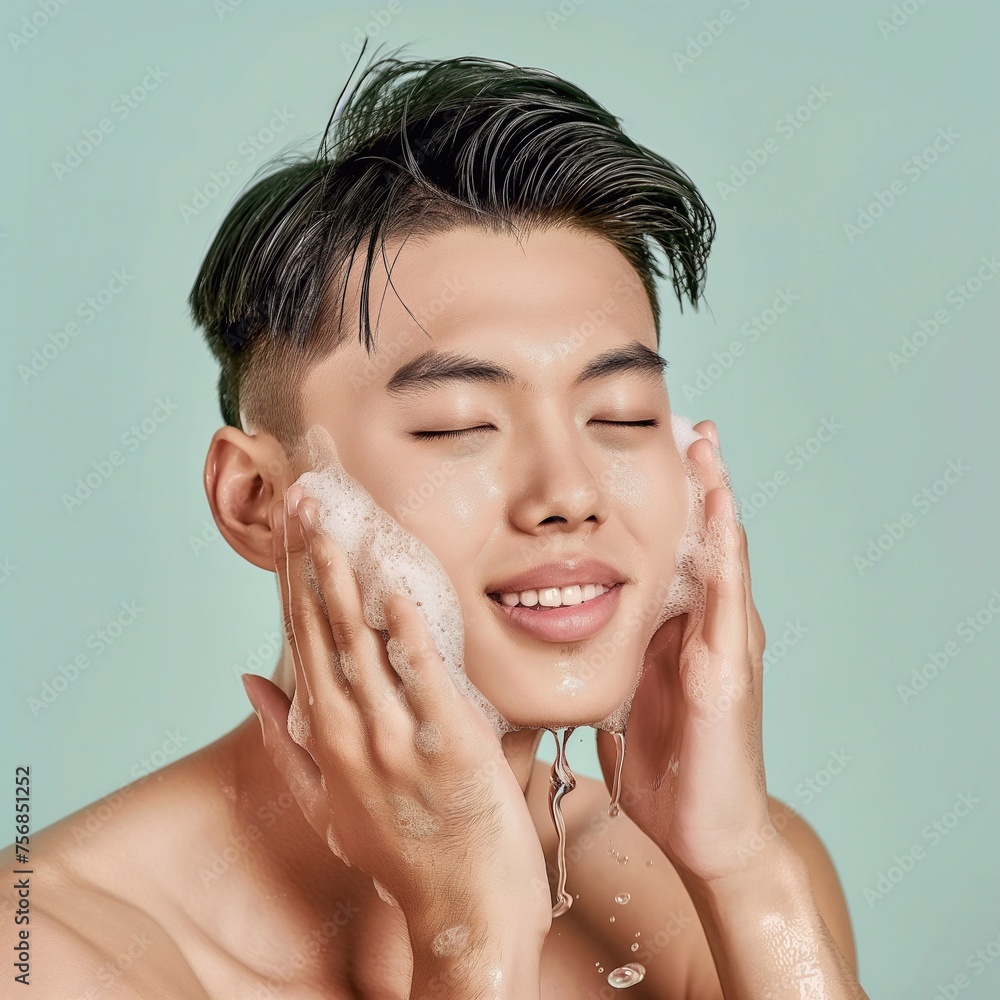 Asian men model washing his face with clean water. On a flat color ...