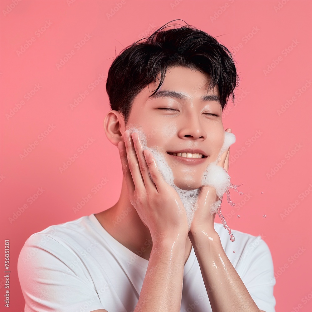 Asian men model washing his face with clean water. On a flat color ...