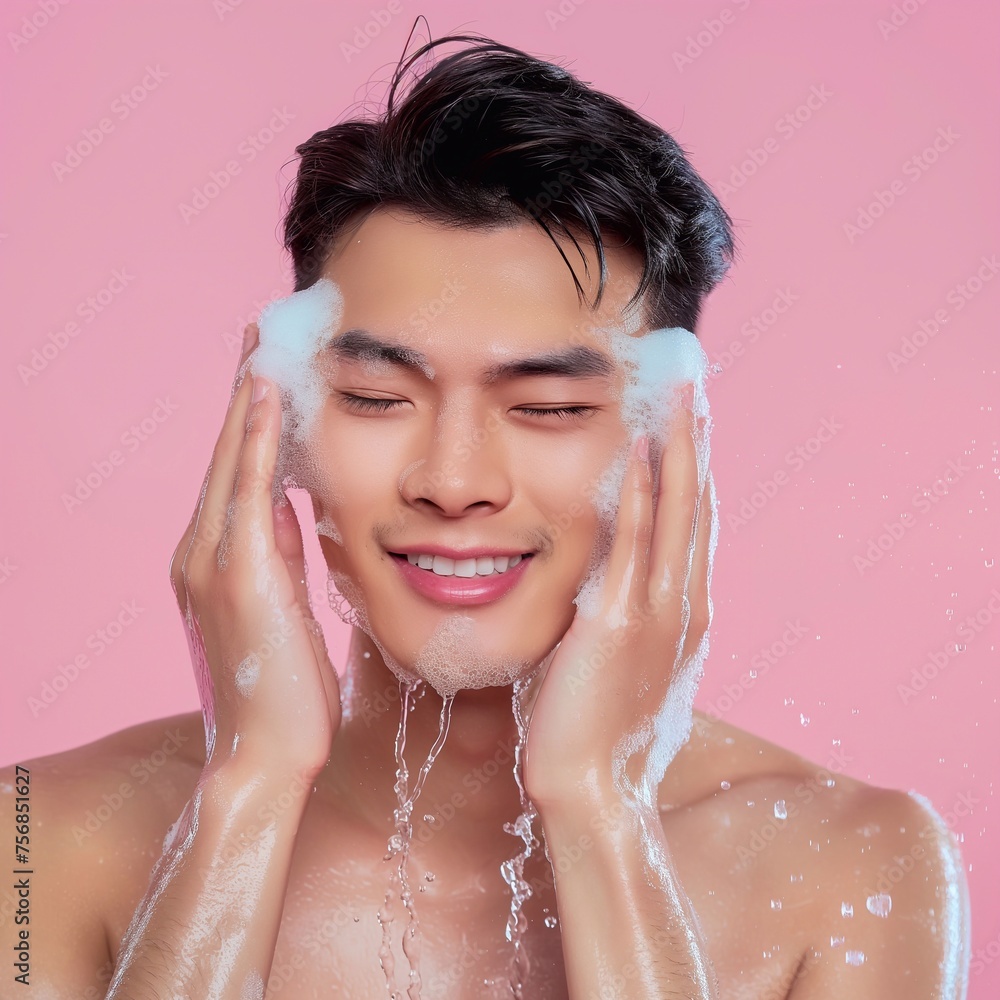 Asian men model washing his face with clean water. On a flat color ...