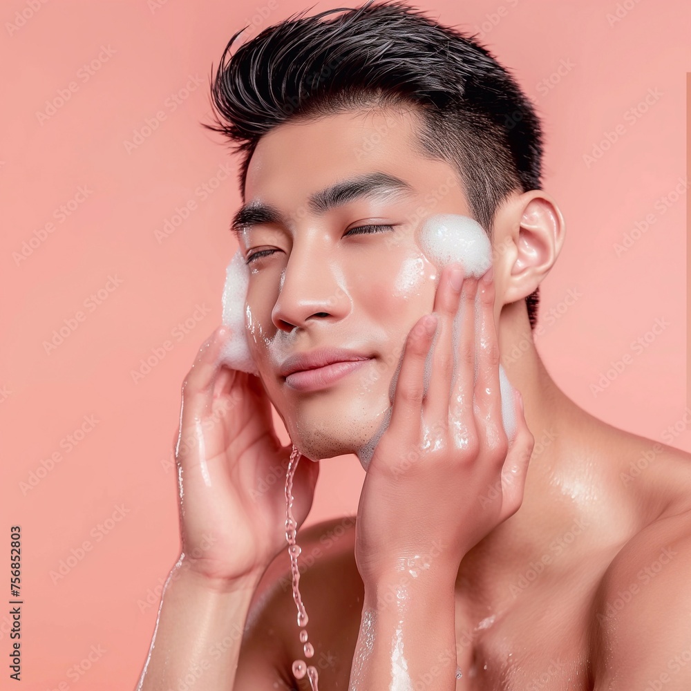 Asian men model washing his face with clean water. On a flat color background generative ai art ...