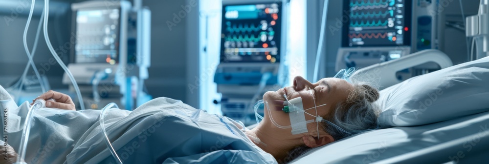 Hospital room with a patient on life support - A critical patient lying in a hospital bed ...