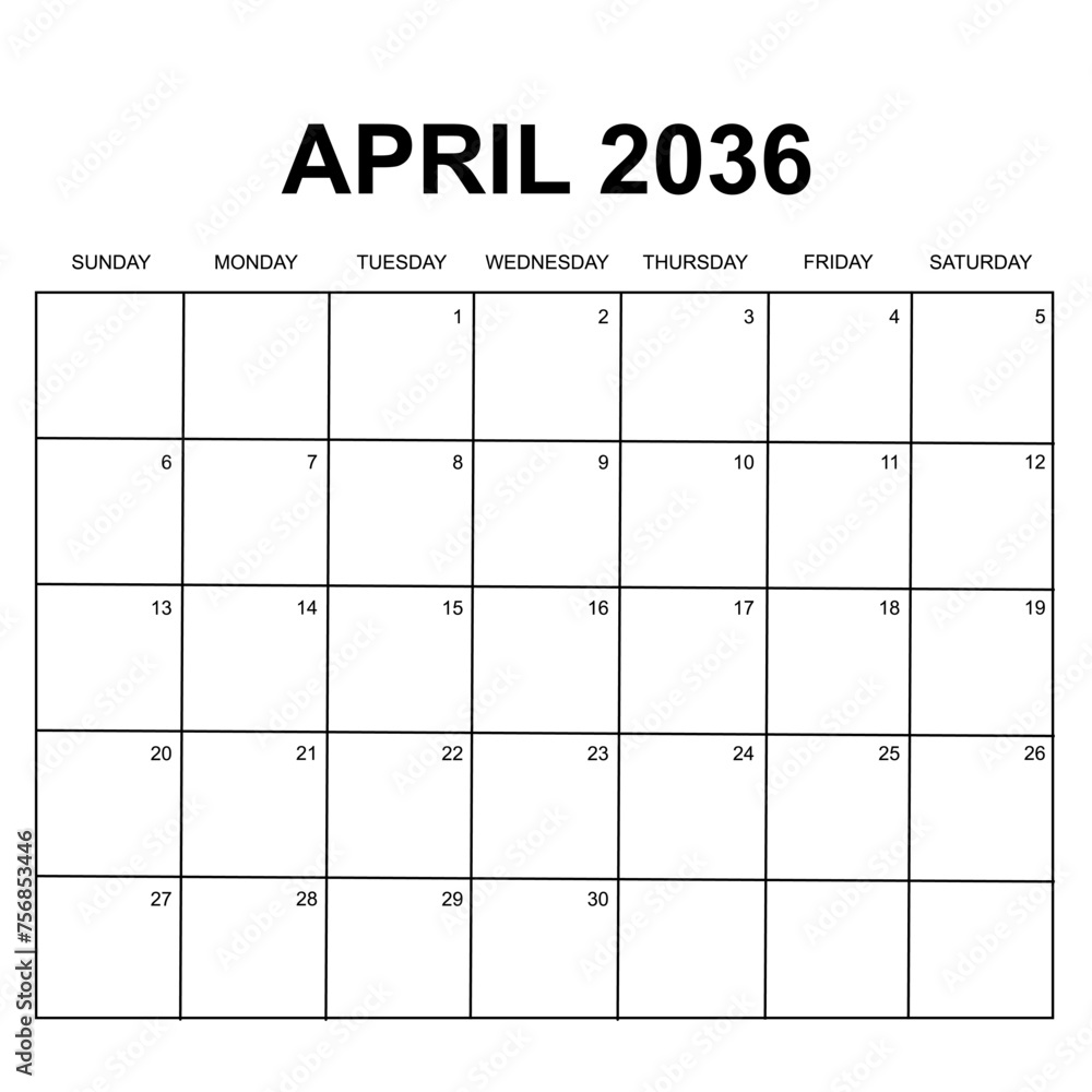 april 2036. monthly calendar design. week starts on sunday. printable ...