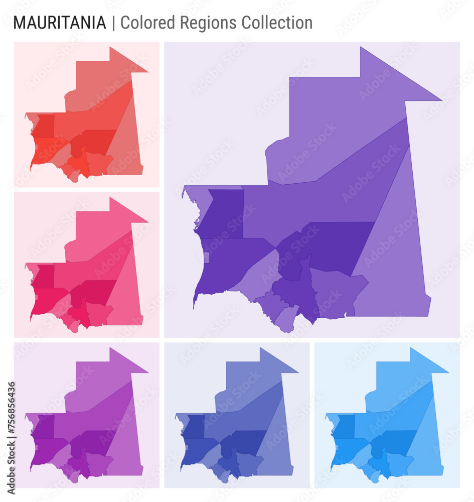 Mauritania map collection. Country shape with colored regions. Deep ...