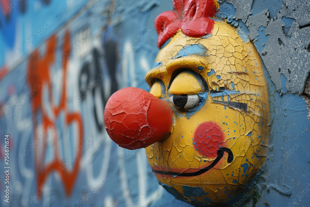 A clown face moulded into a street wall with graffiti, representing Red ...