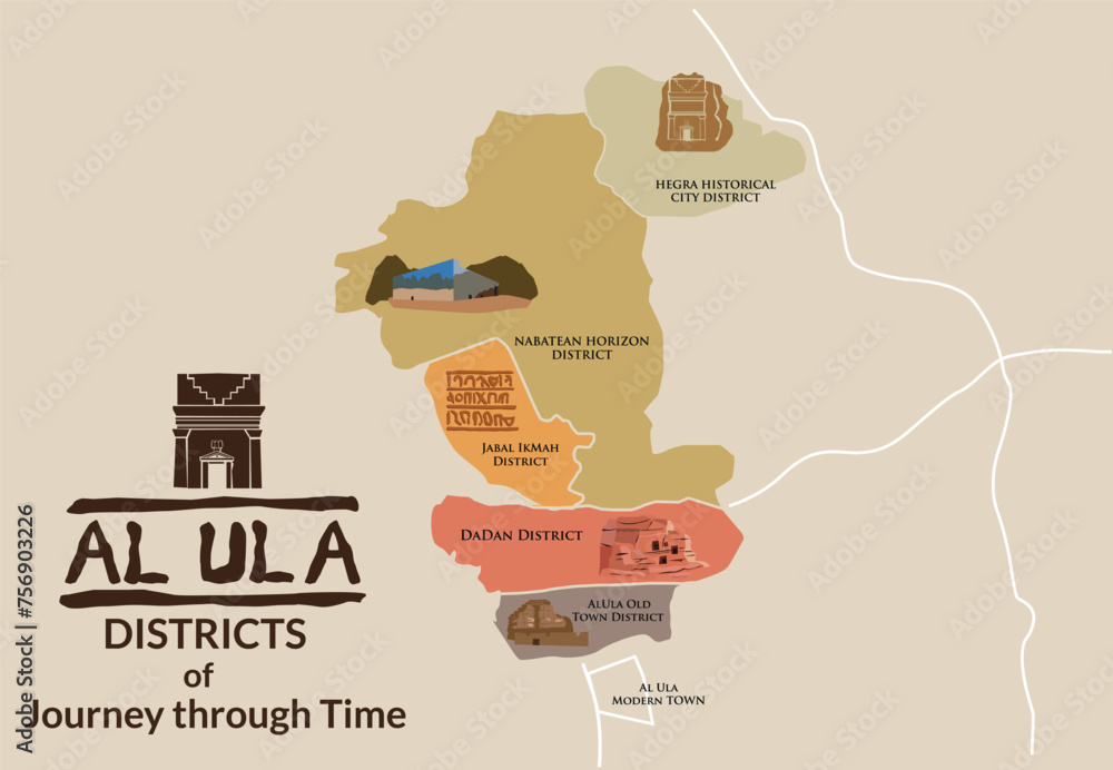 Al Ula Districts of Journey through Time Map concept with a symbolic ...