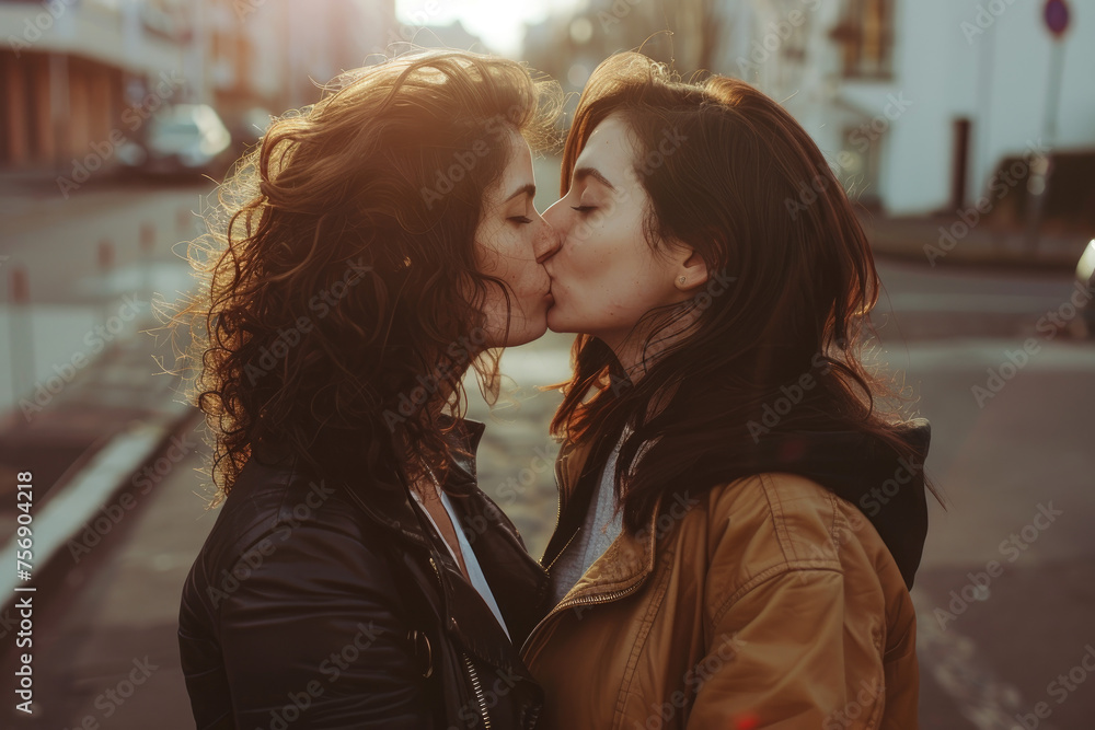 Beautiful loving young lesbian couple kissing in the middle of the ...